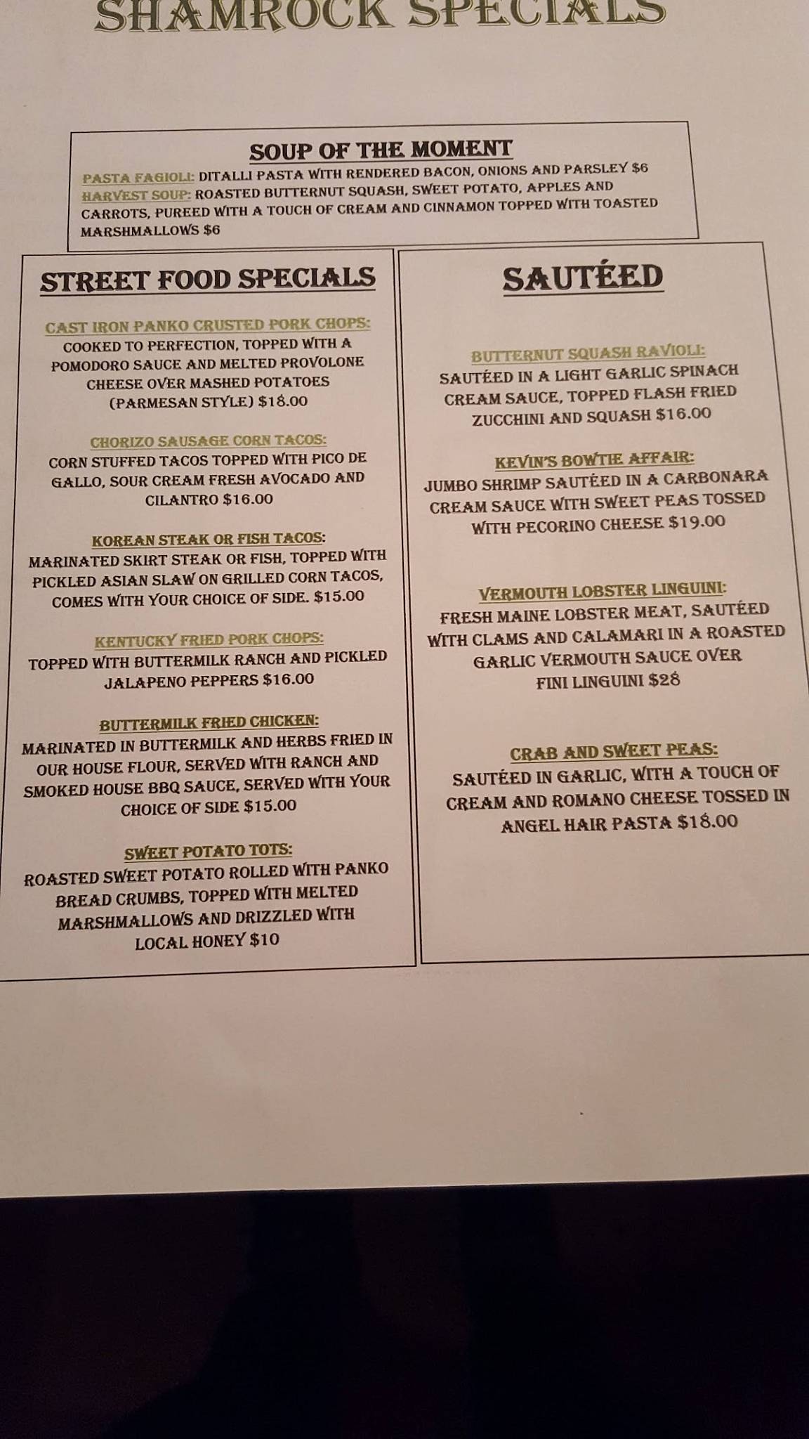 Menu at Shamrock pub & bar, Halesite, 138 New York Ave