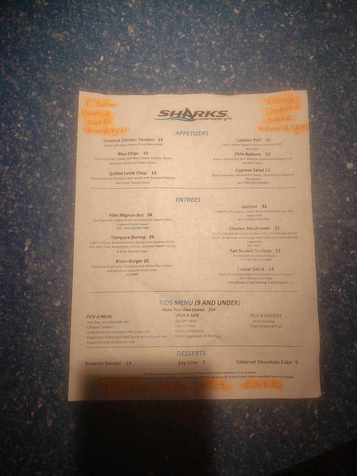 Menu at Sharks Underwater Grill pub & bar, Orlando