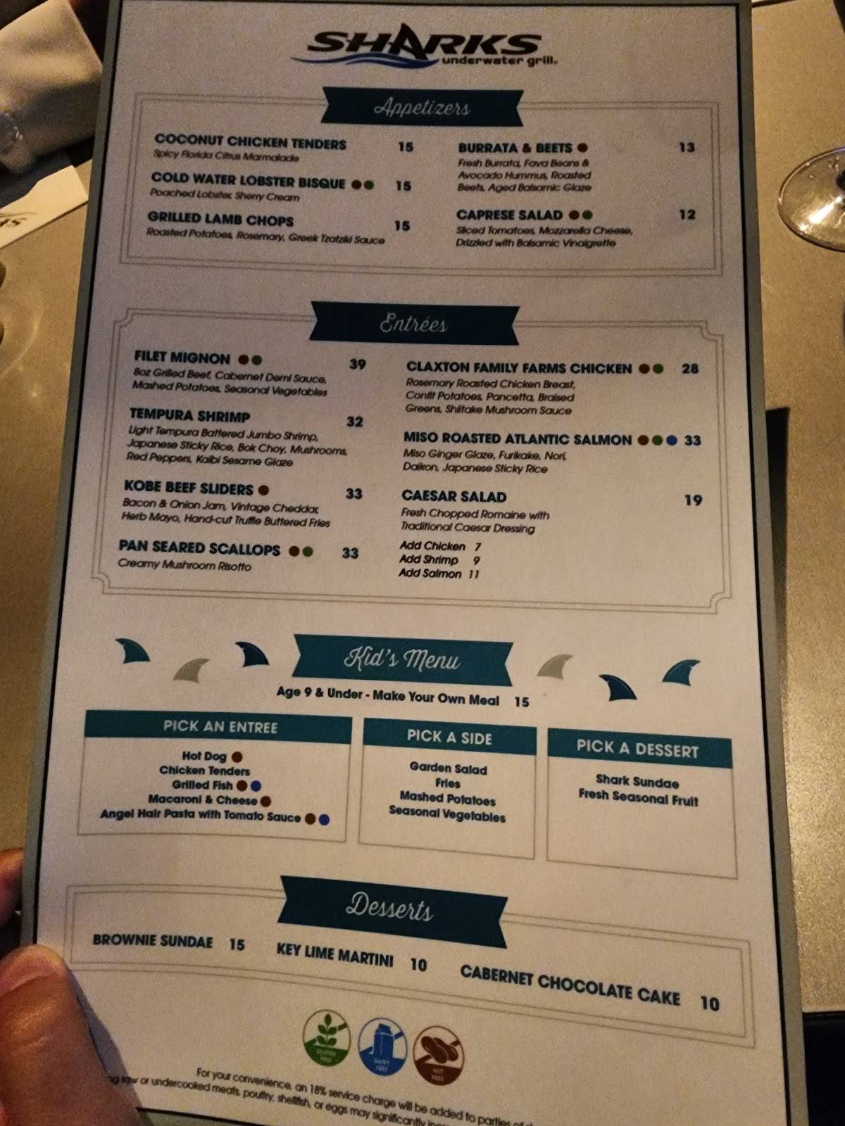 Menu at Sharks Underwater Grill pub & bar, Orlando
