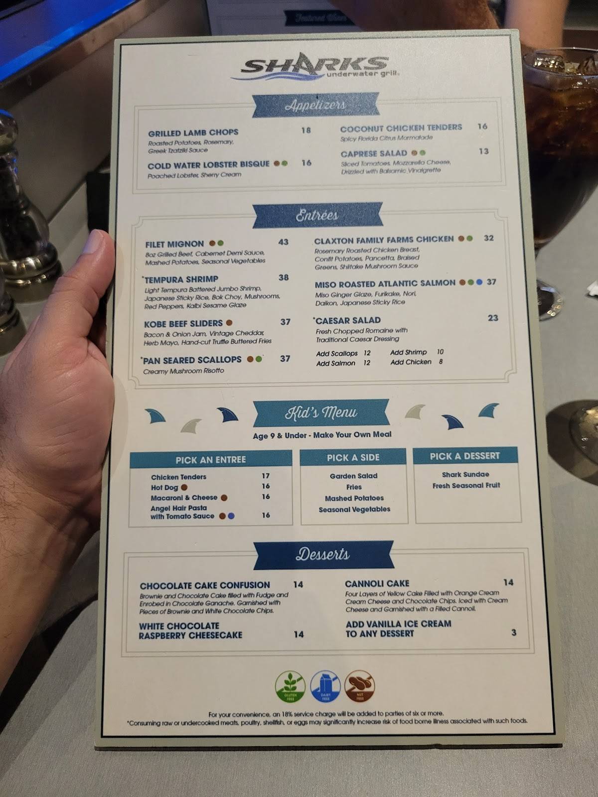 Menu at Sharks Underwater Grill pub & bar, Orlando
