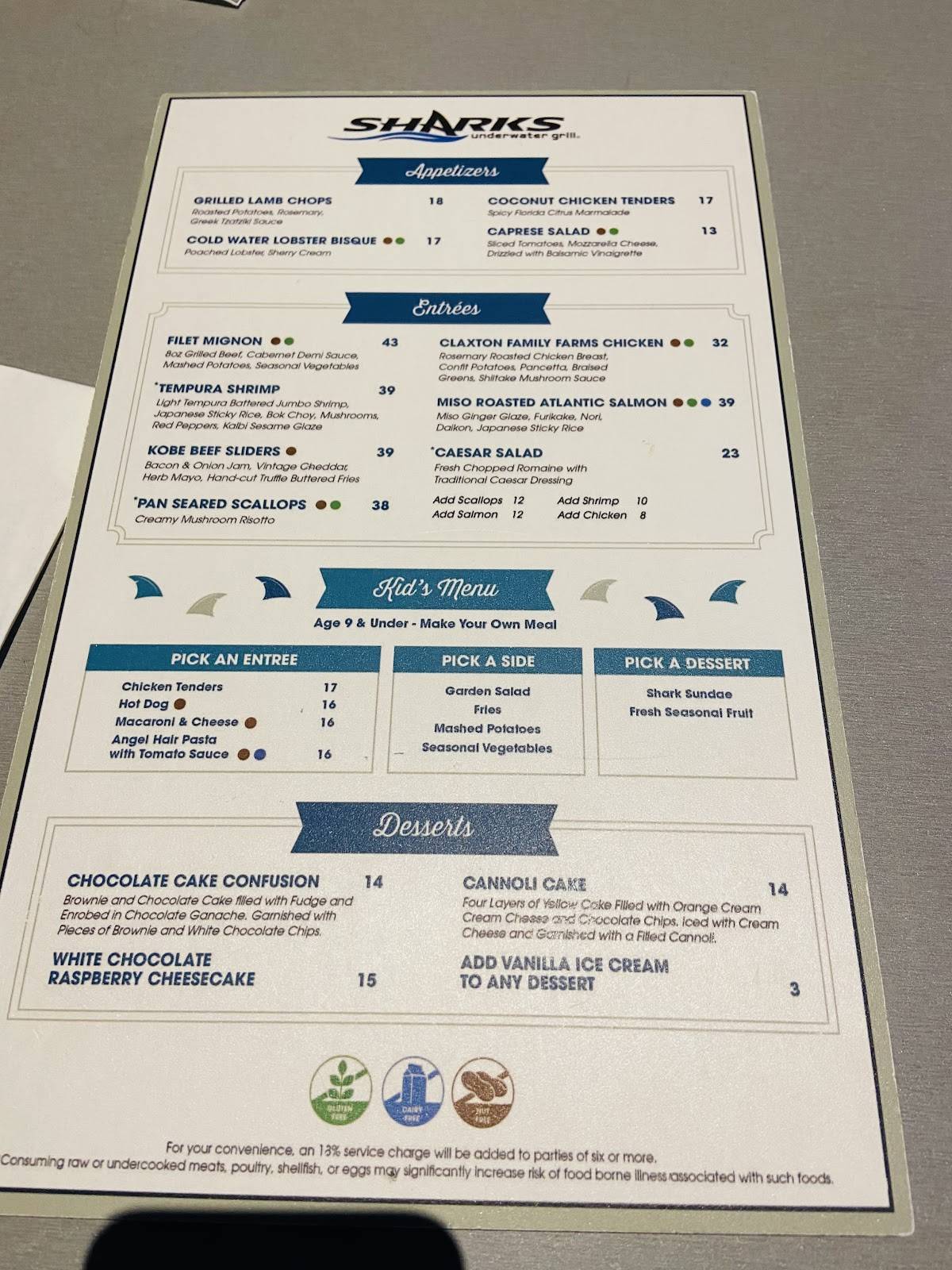 Menu at Sharks Underwater Grill pub & bar, Orlando