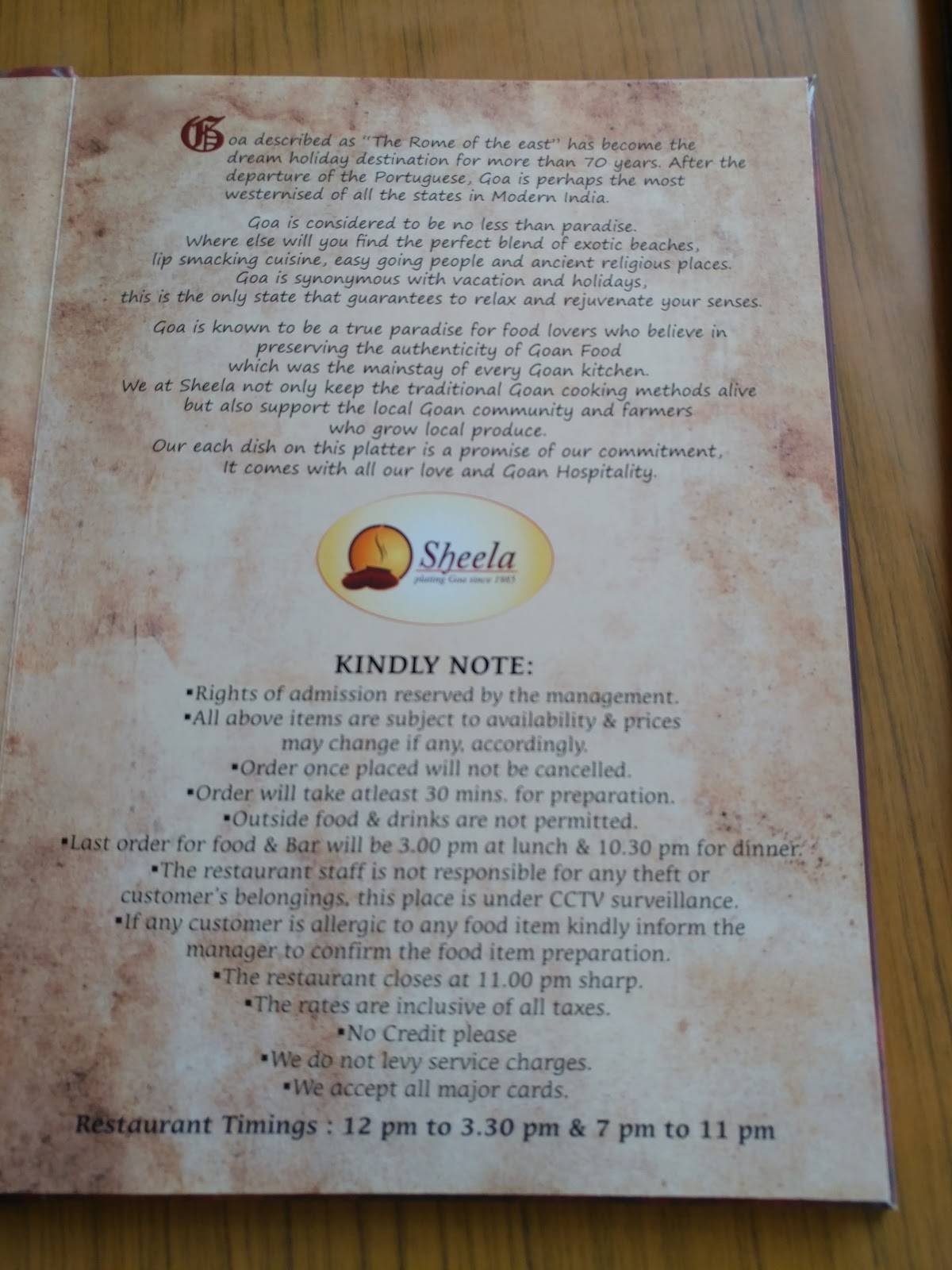 Menu at Sheela Restaurant & Bar, Chicalim