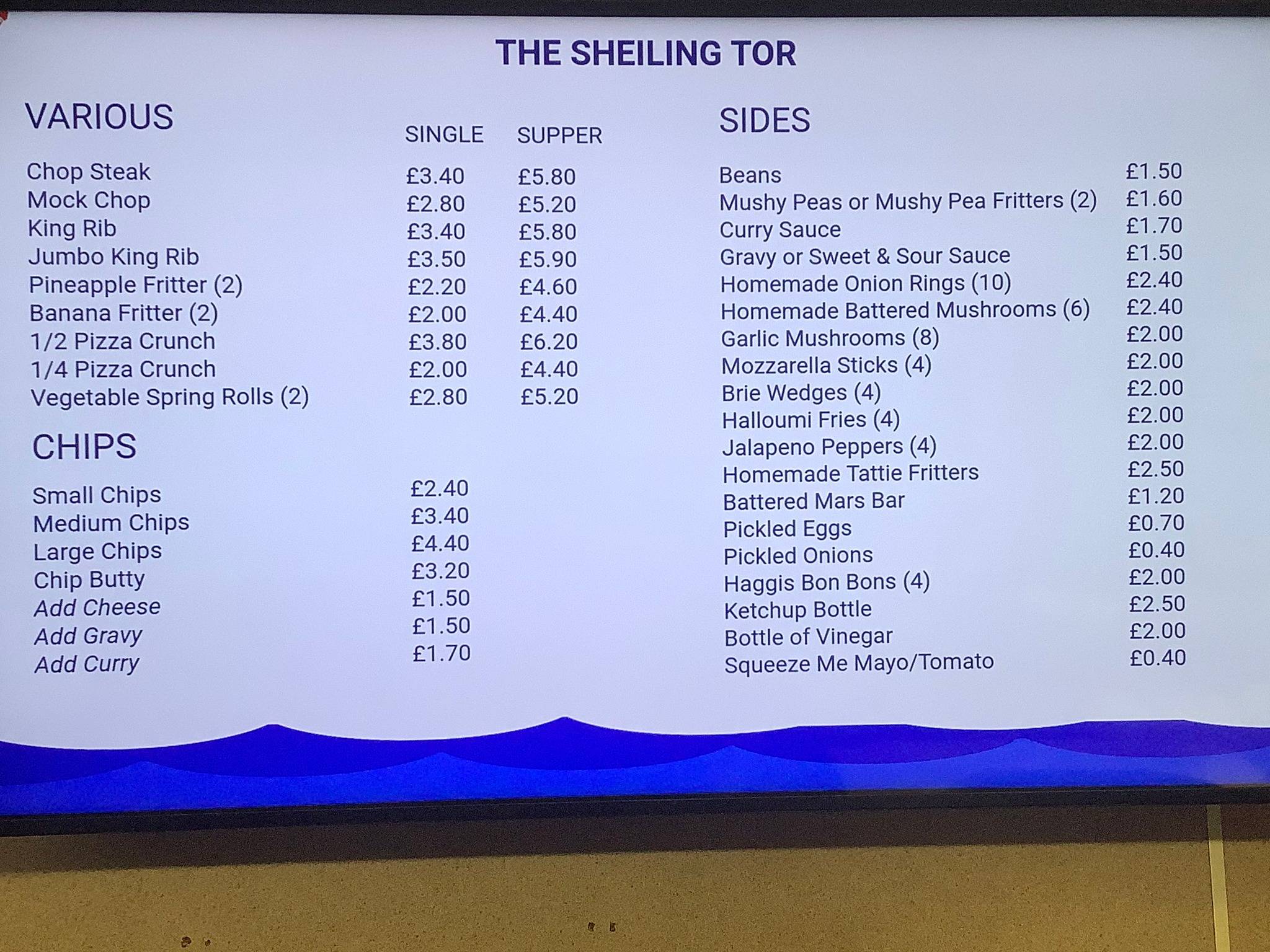 Menu at Sheiling Tor restaurant, Fyvie