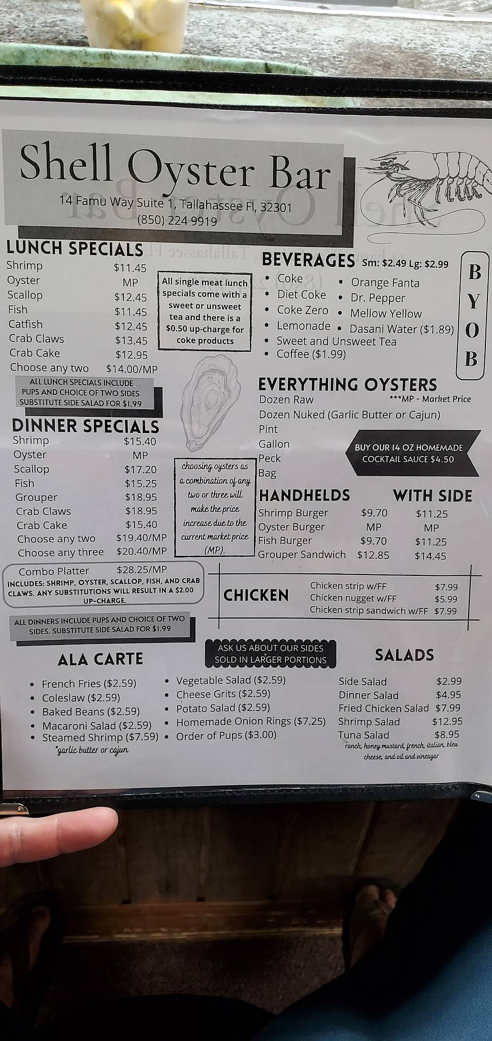 Menu at Shell Oyster Bar, Tallahassee