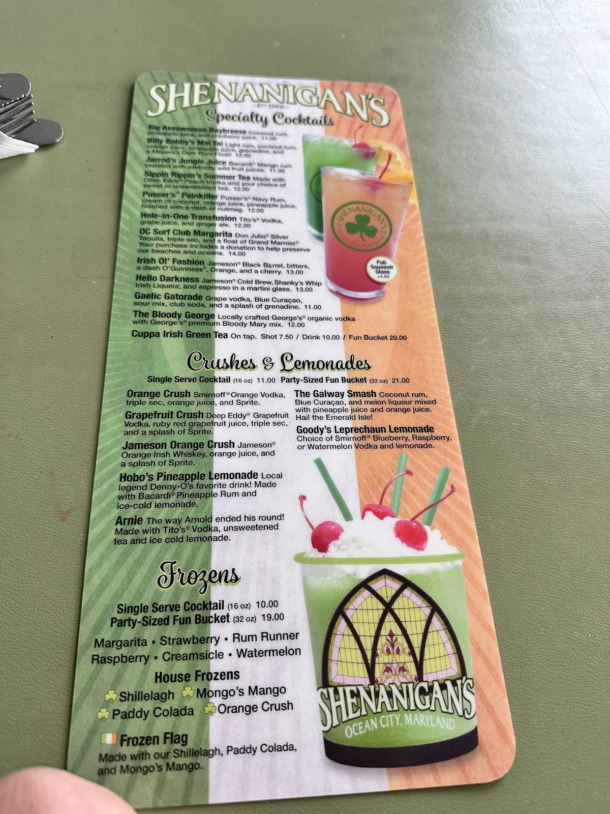 Menu at Shenanigan's Irish Pub, Ocean City