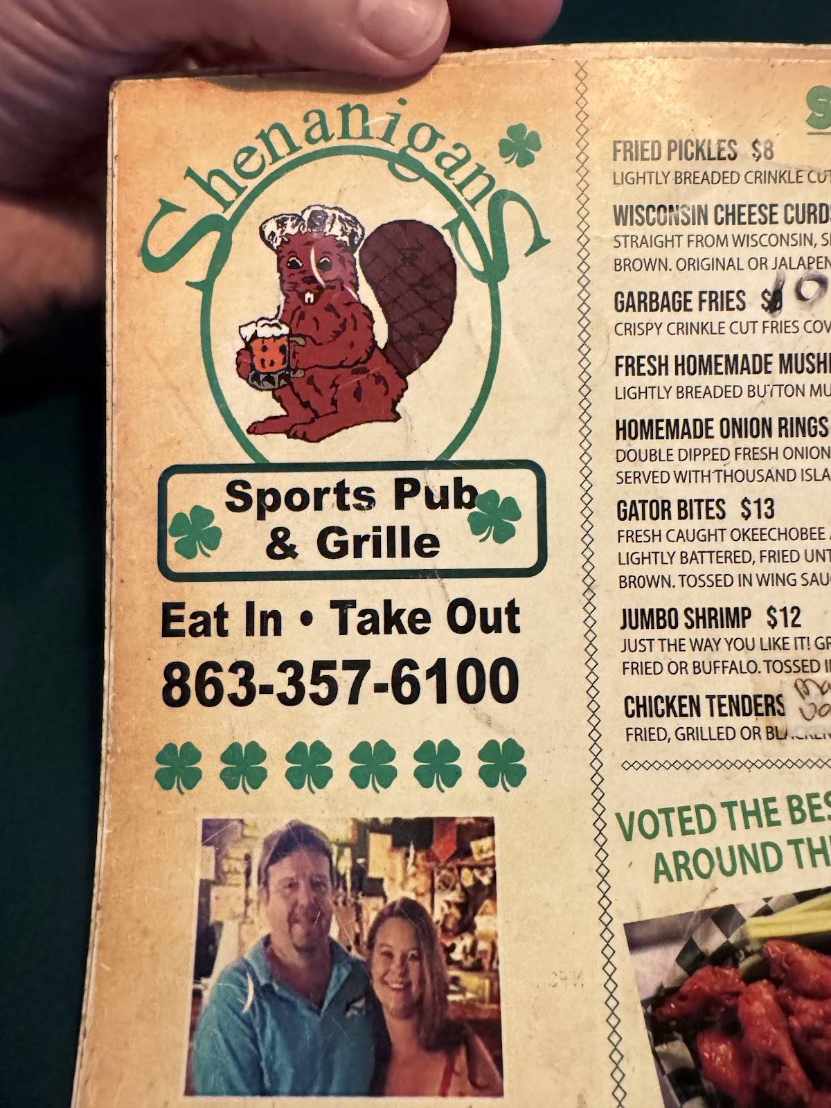 Menu at Shenanigans pub & bar, Okeechobee, US-98