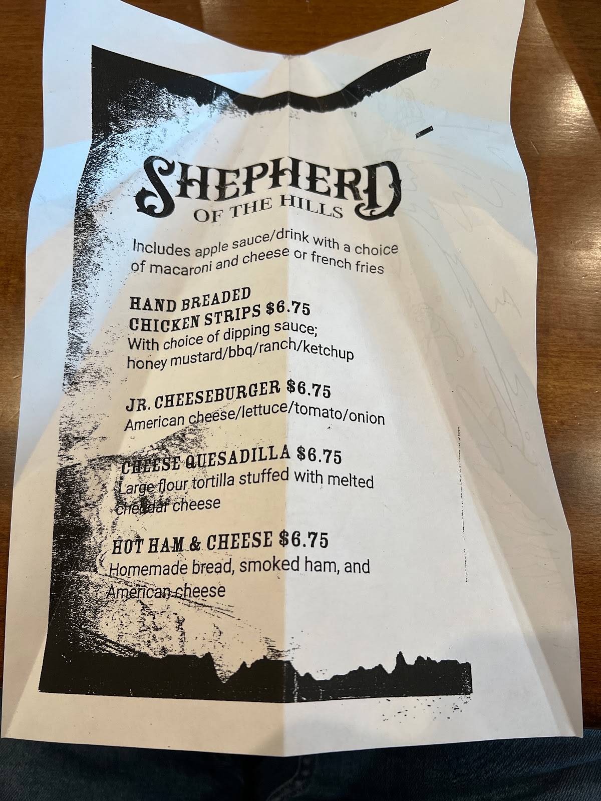 Menu at Shepherd’s Grill restaurant, Branson
