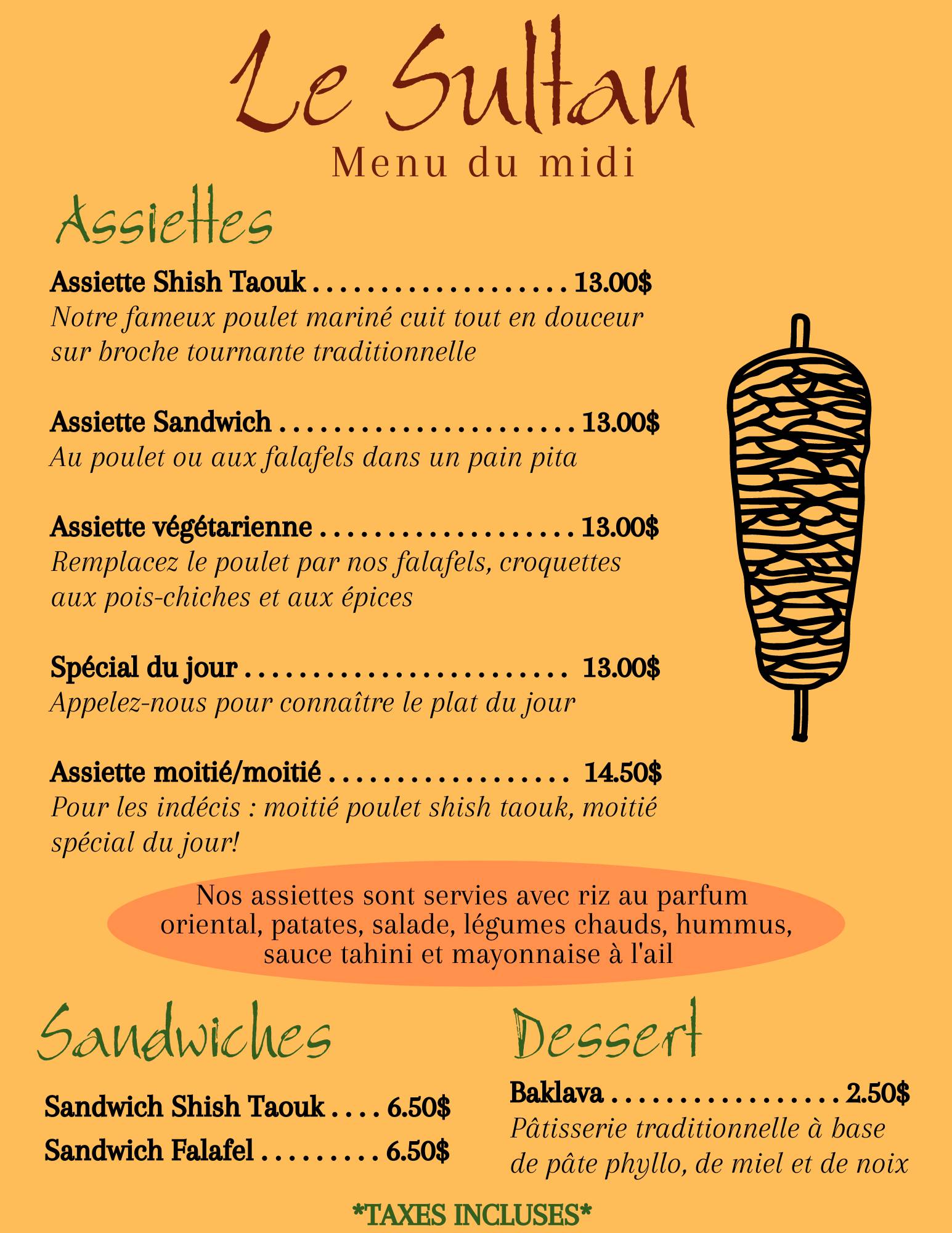Menu au Le Sultan restaurant, Sherbrooke