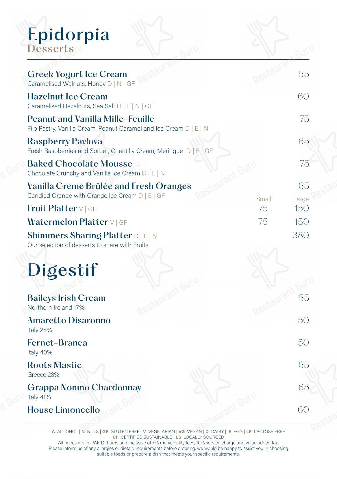 Menu at Shimmers restaurant, Dubai, Jumeirah Mina Al Salam - 3 Jumeirah St