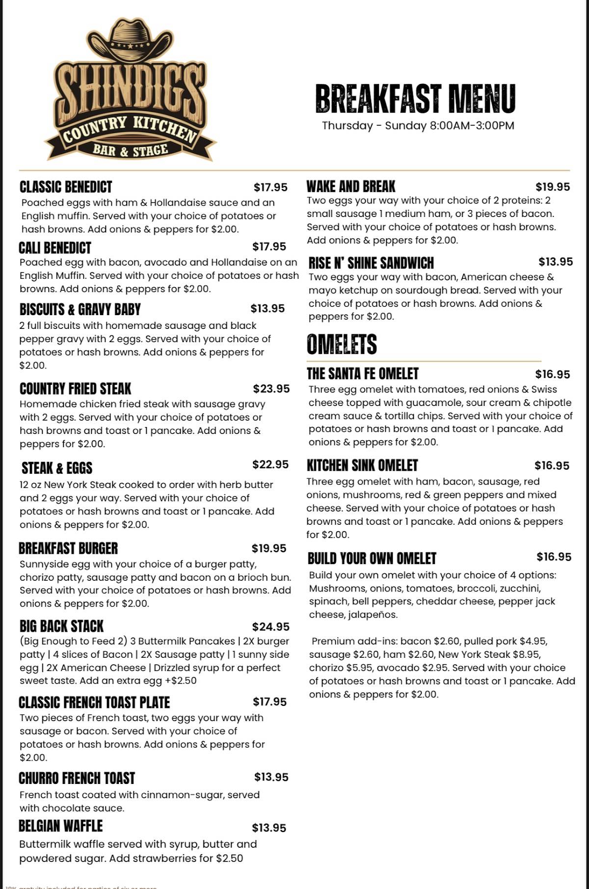 Menu at Shindigs Country Kitchen Bar & Stage, Riverside
