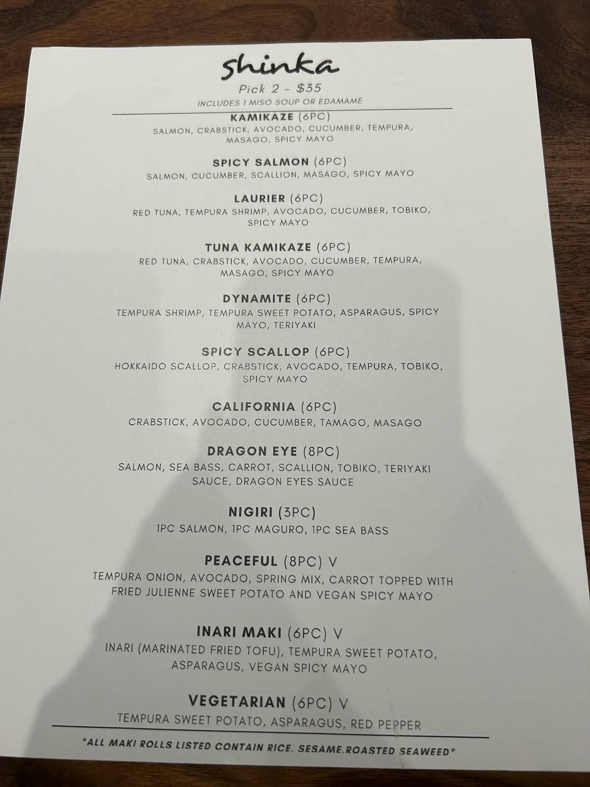 Menu at Shinka Sushi Bar, Ottawa, Sheffield Rd