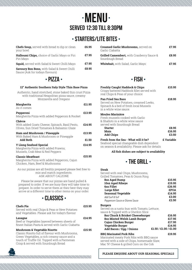 Menu at Ship Inn pub & bar, Llanbedrog, Lon Gerddi