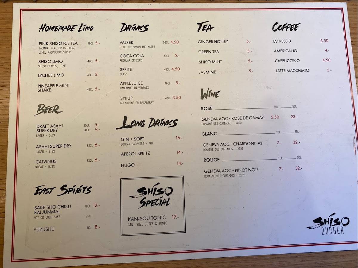 Speisekarte von Shiso Burger Genève, Genf