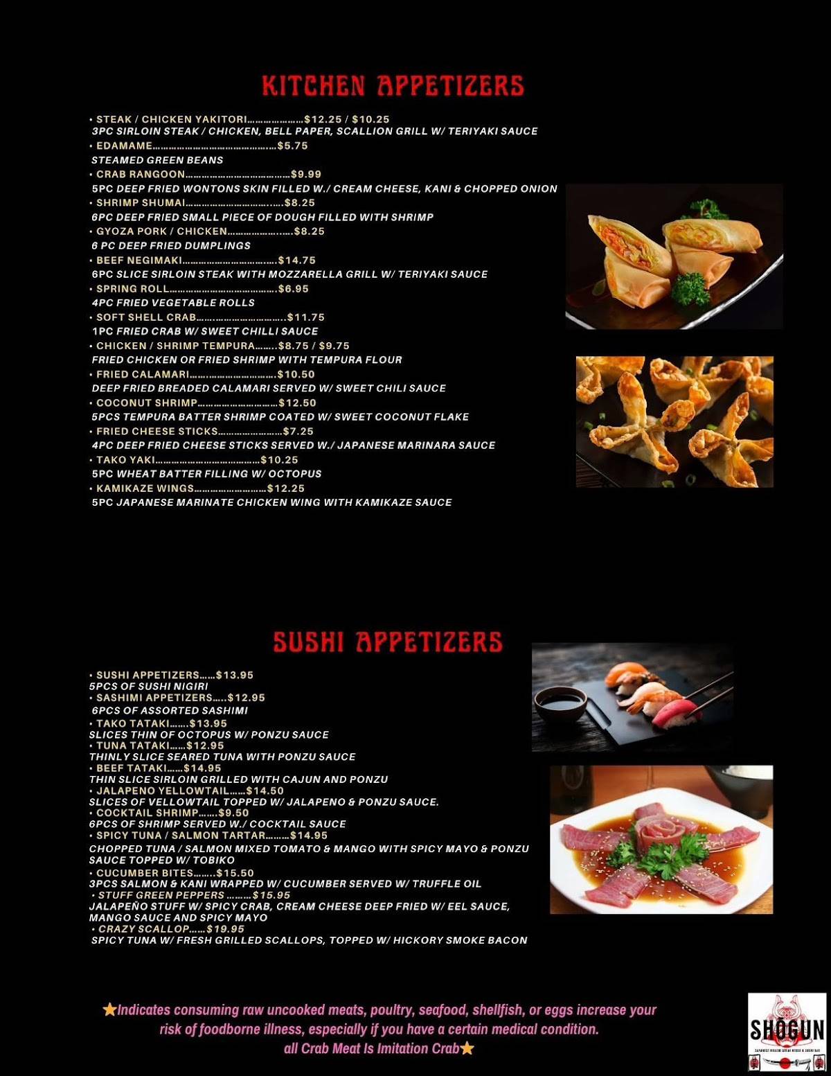 Menu at Shogun Japanese Restaurant, Presque Isle