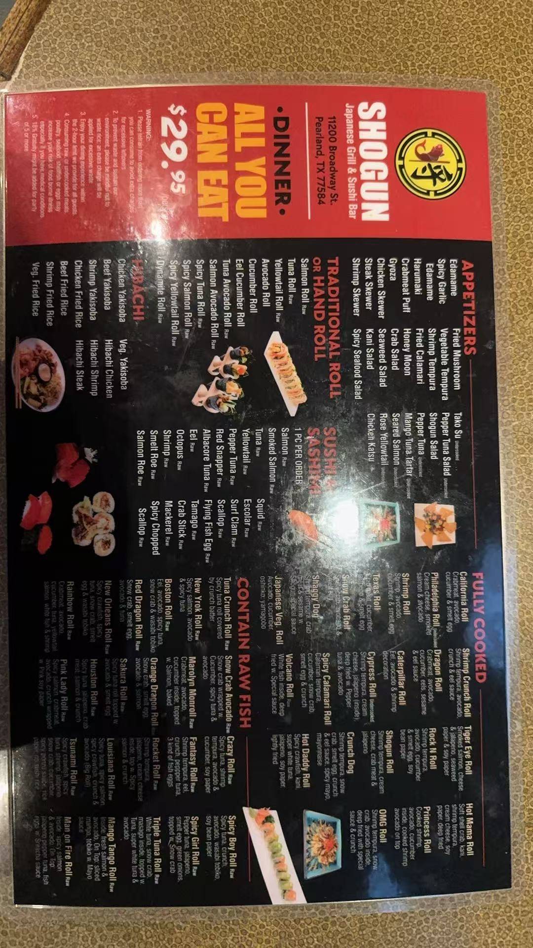 Menu at Shogun restaurant, Pearland