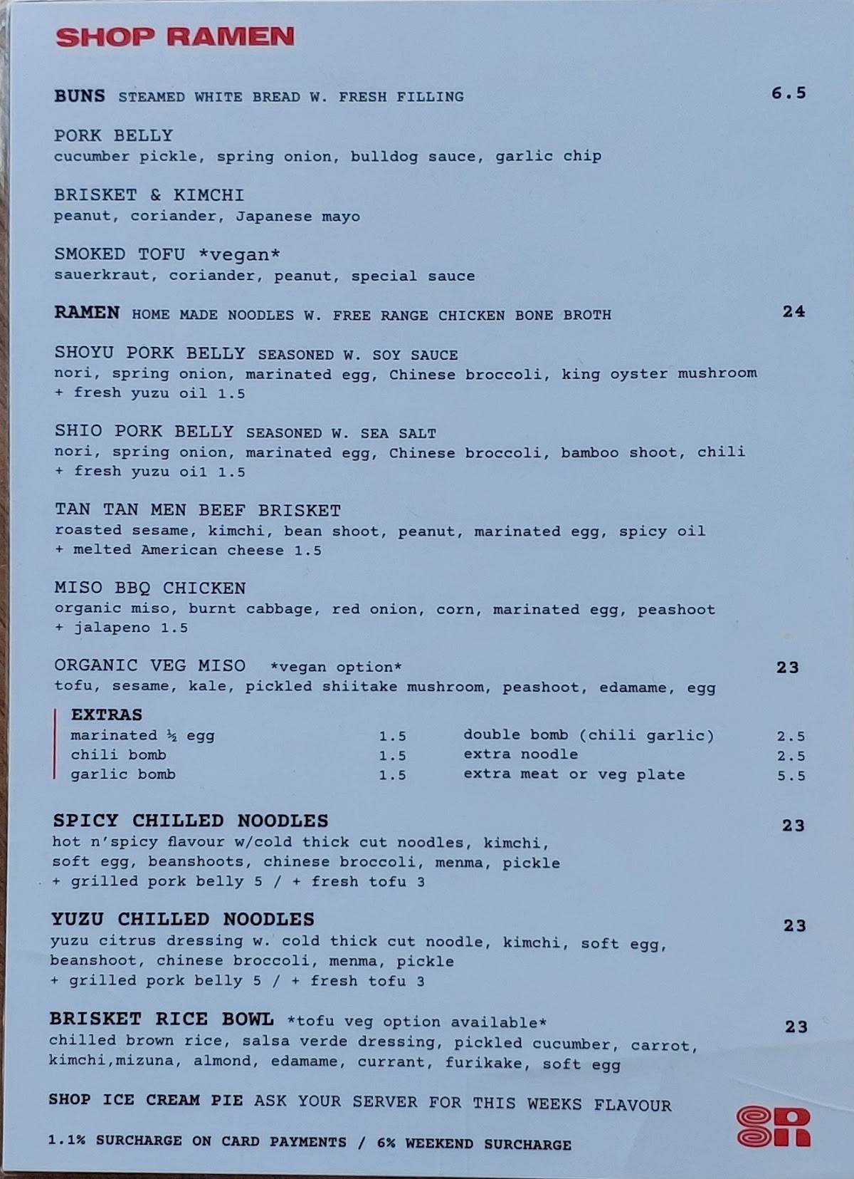 Menu at Shop Ramen restaurant, Fitzroy