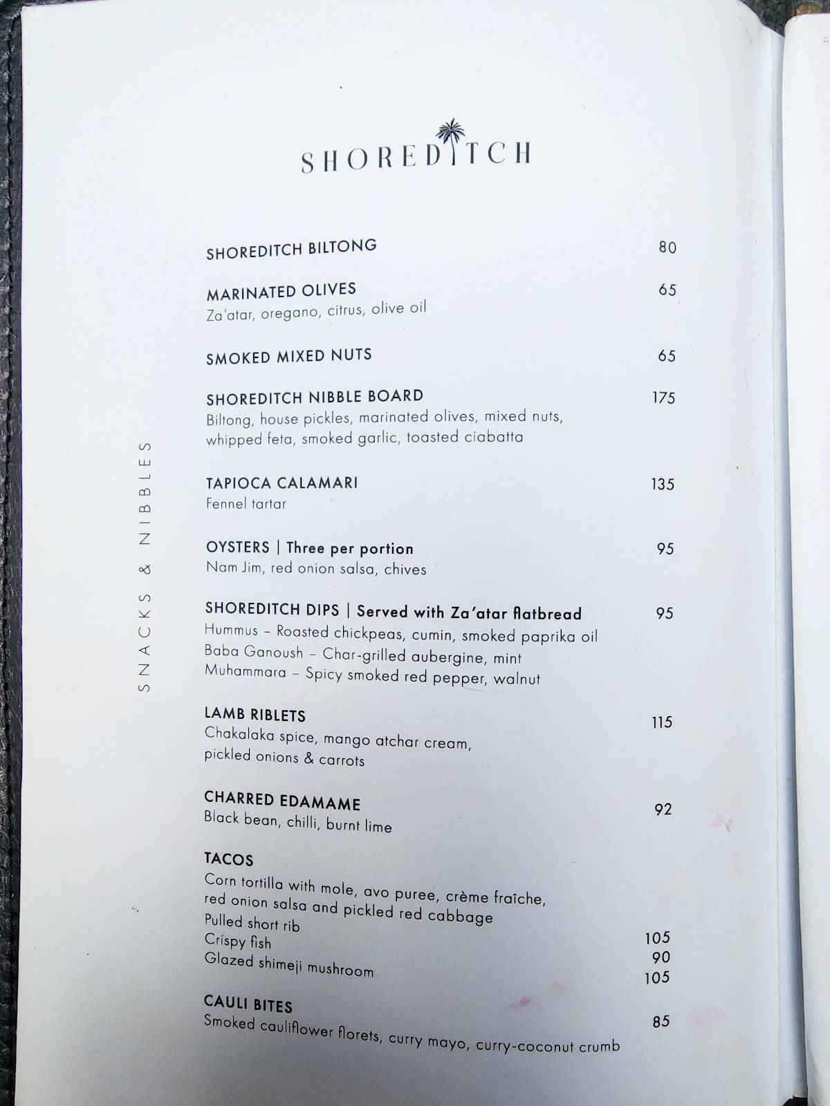 Menu at Shoreditch restaurant, Cape Town