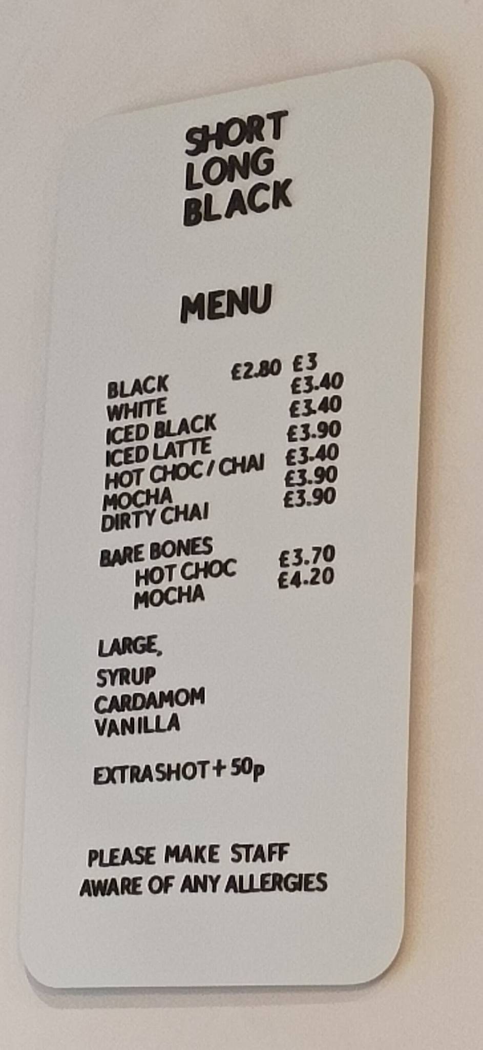 Menu at Short Long Black cafe, Glasgow