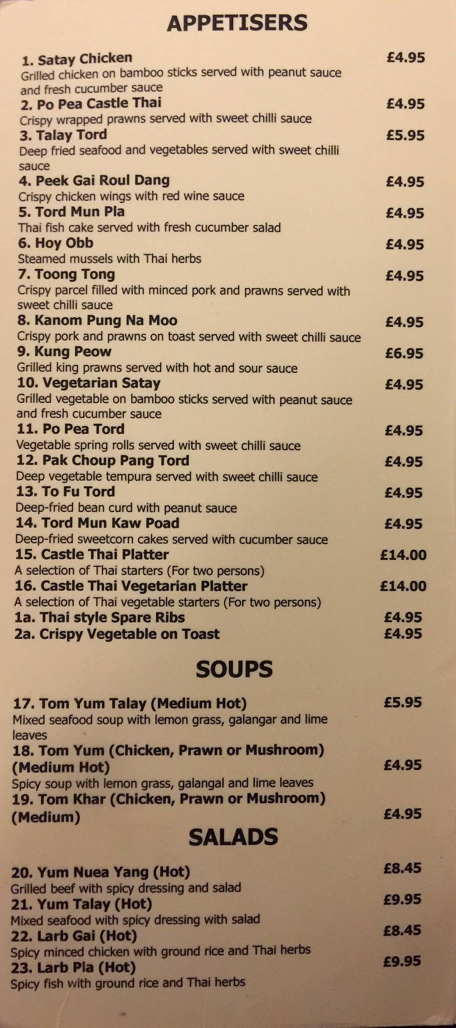 Menu at Castle Thai restaurant, Shrewsbury