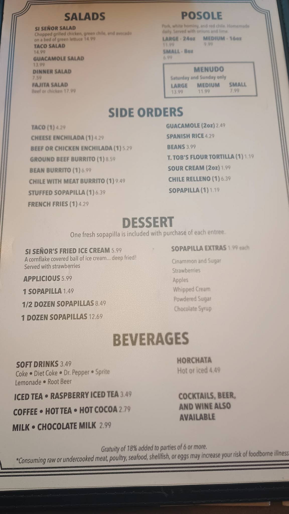 Menu at Si Señor Restaurant, Farmington