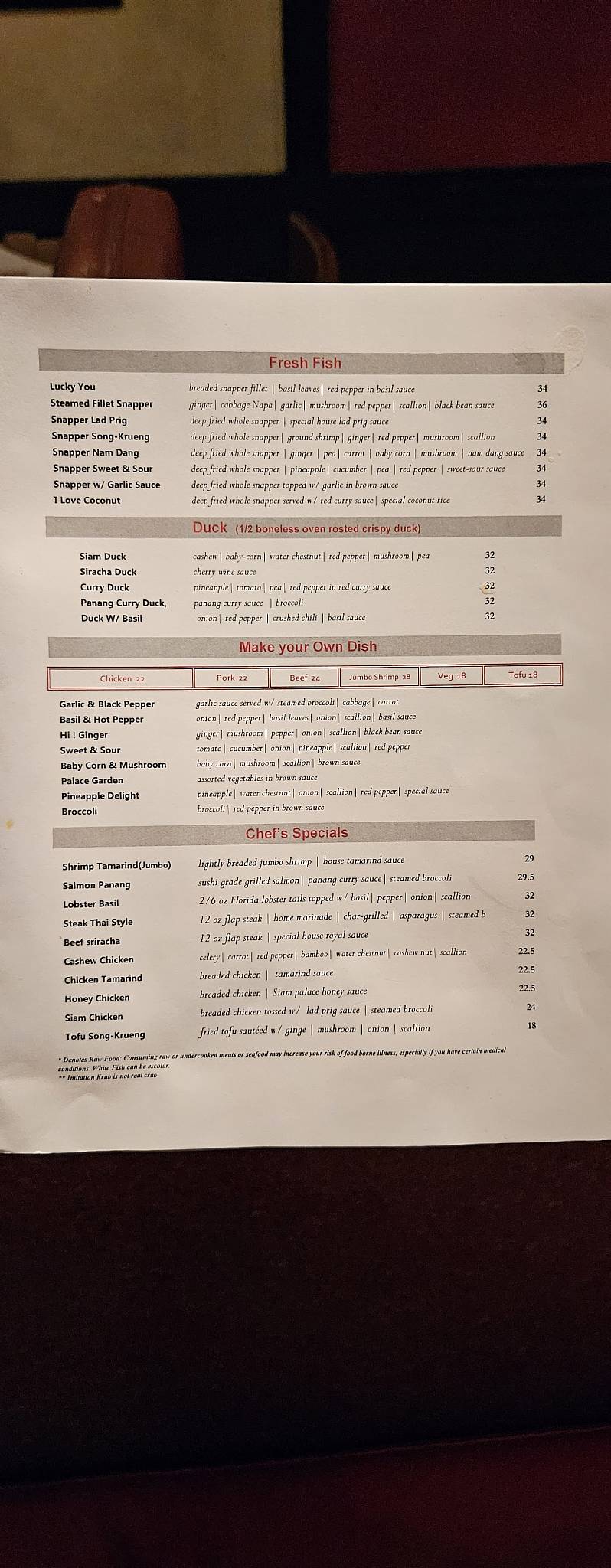 Menu at Siam Palace restaurant, Miami, SW 72nd St
