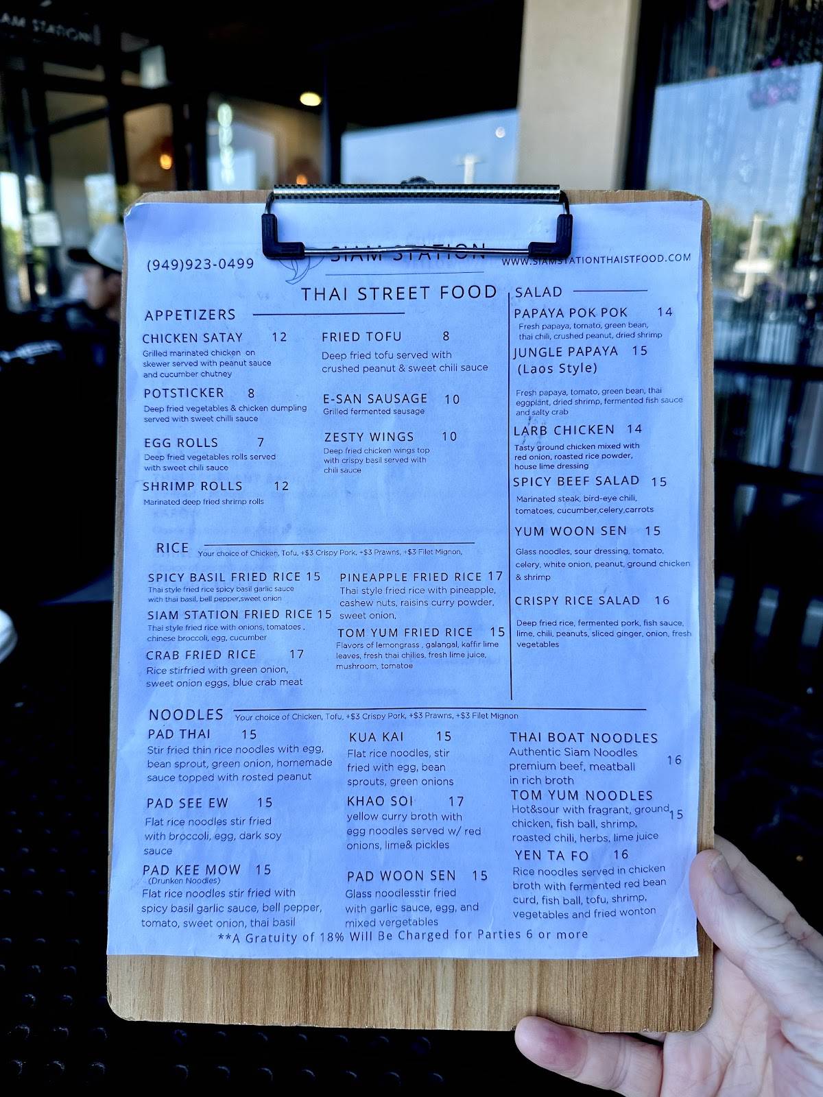 Menu at Siam Station Thai Street Food restaurant, Irvine