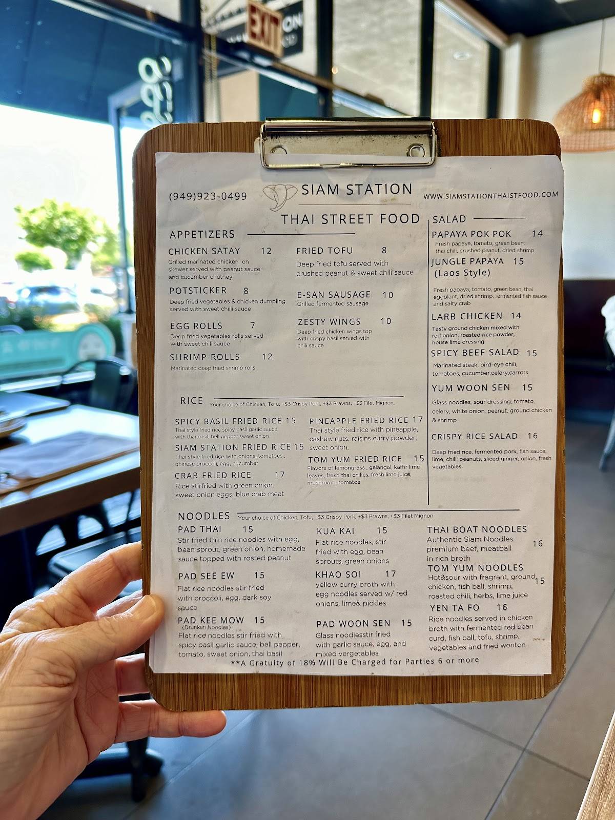 Menu at Siam Station Thai Street Food restaurant, Irvine