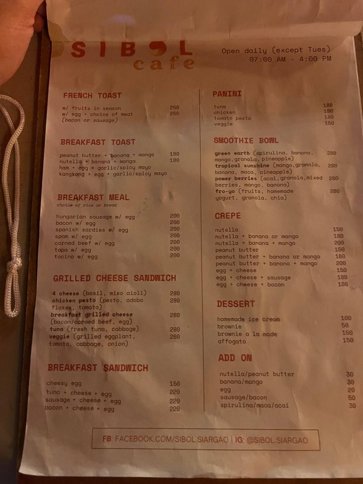 Menu at Sibol Siargao cafe, General Luna, Tourism Rd