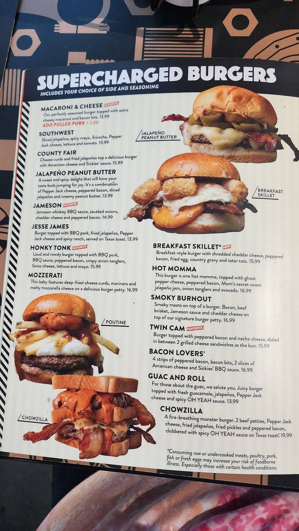Menu at Sickies Garage Burgers & Brews restaurant, Bismarck