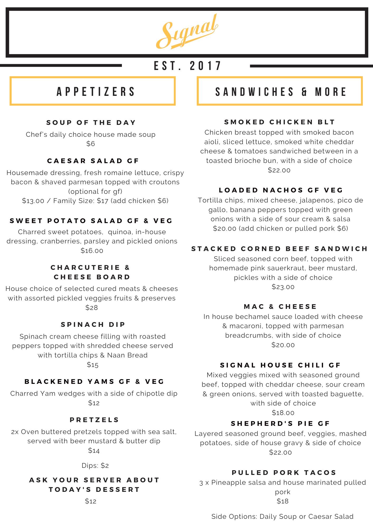 Menu at Signal Brewery pub & bar, Belleville