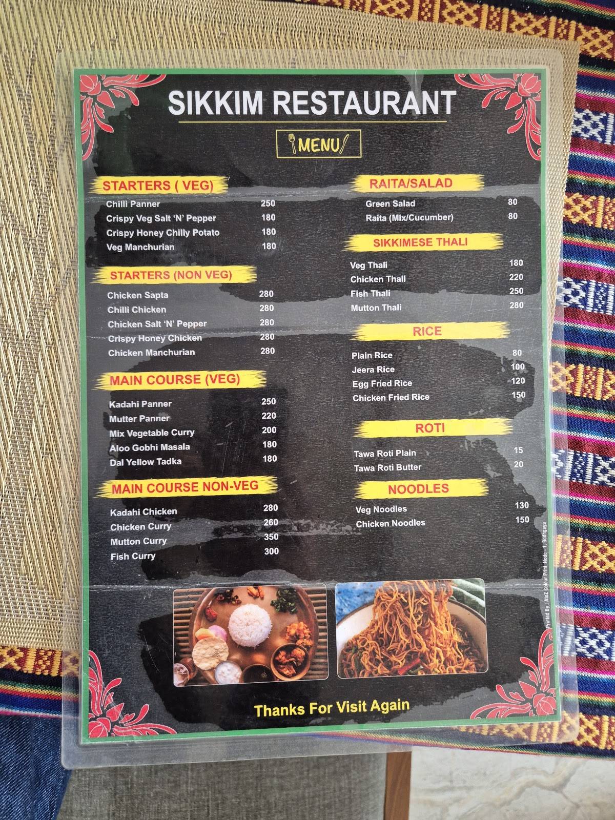 Menu at Sikkim Restaurant, Bodhgaya