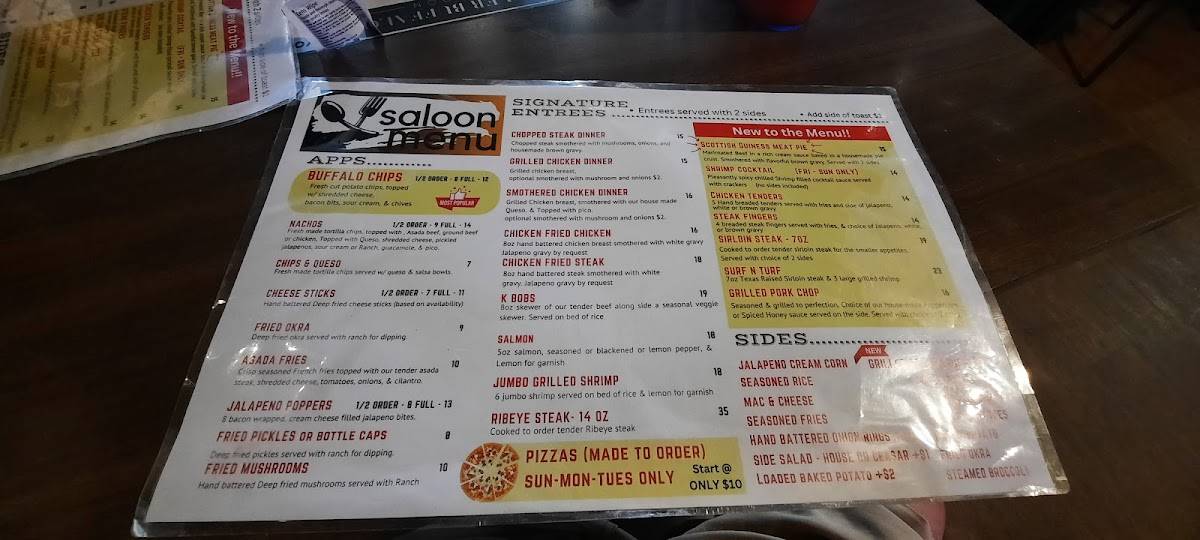 Menu at Silver Buffalo Saloon pub & bar, Buffalo Gap
