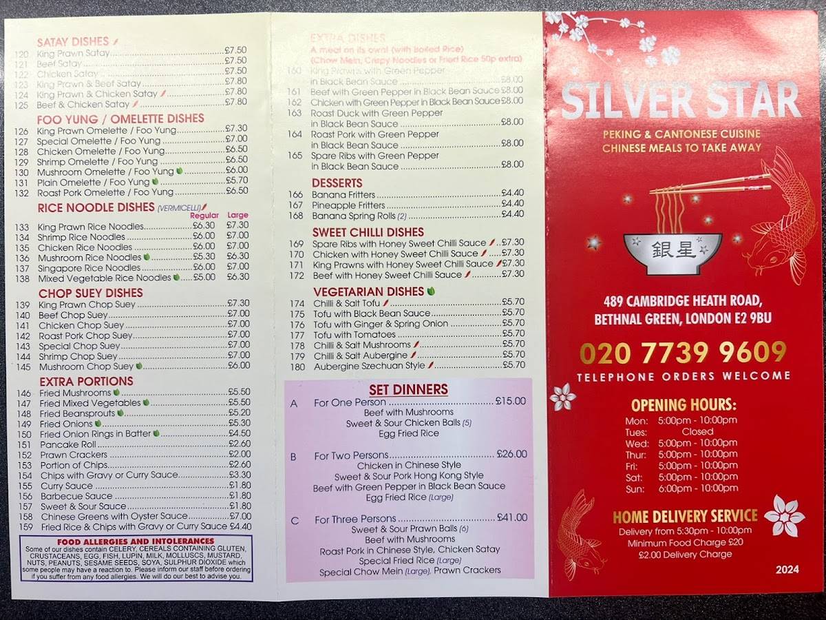 Menu at Silver Star fast food, London, 489 Cambridge Heath Rd