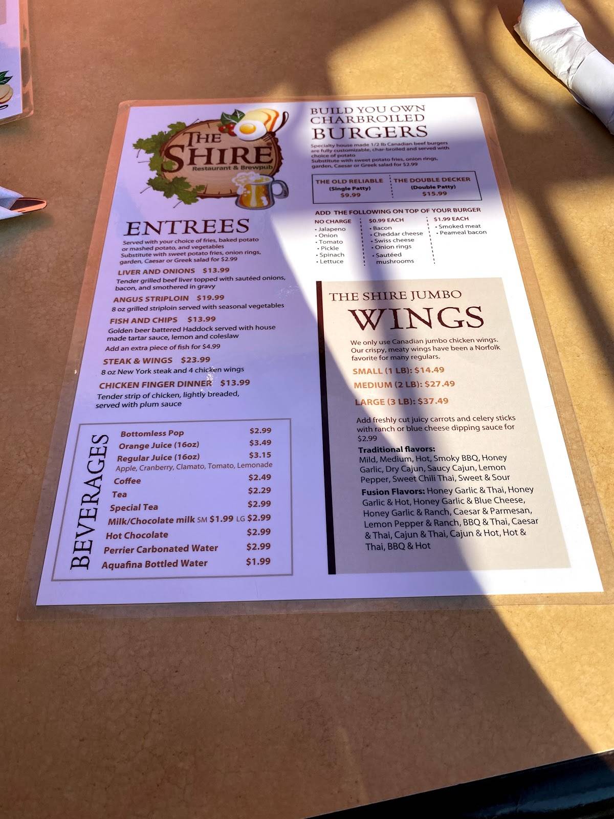 Menu at The Shire pub & bar, Simcoe