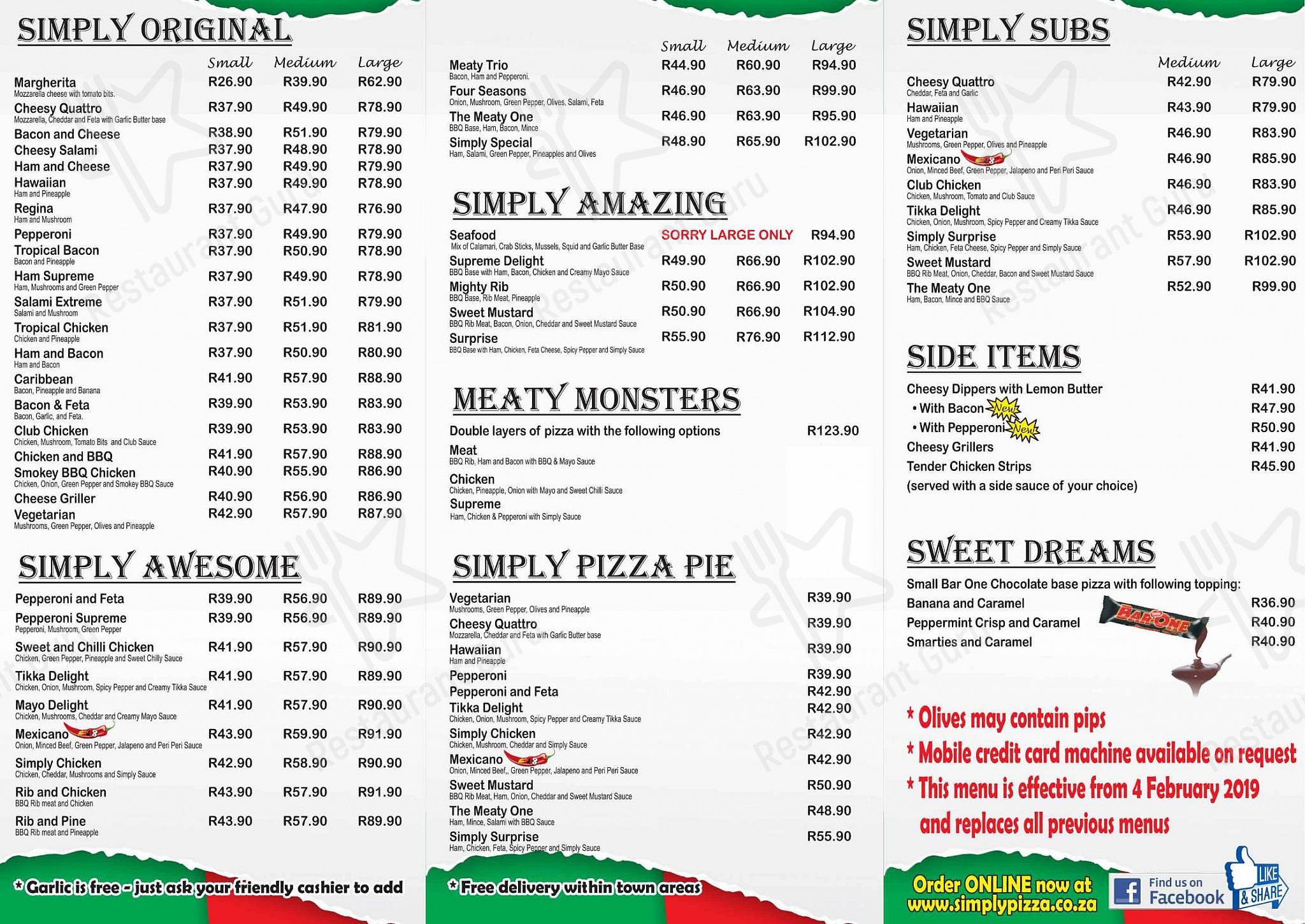 Menu at Simply Pizza pizzeria, Polokwane