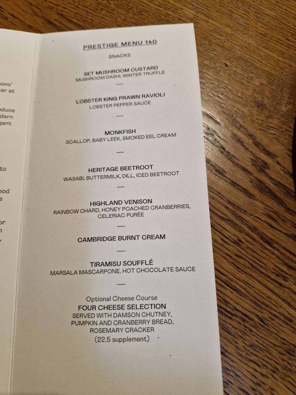 Menu at Simpsons Restaurant, Birmingham