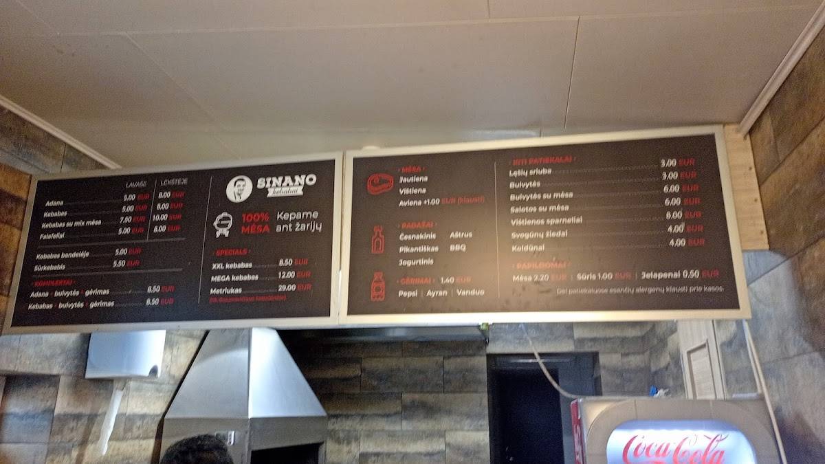 Menu at Sinano Kebabai restaurant, Vilnius, Kalvarijų g. 107