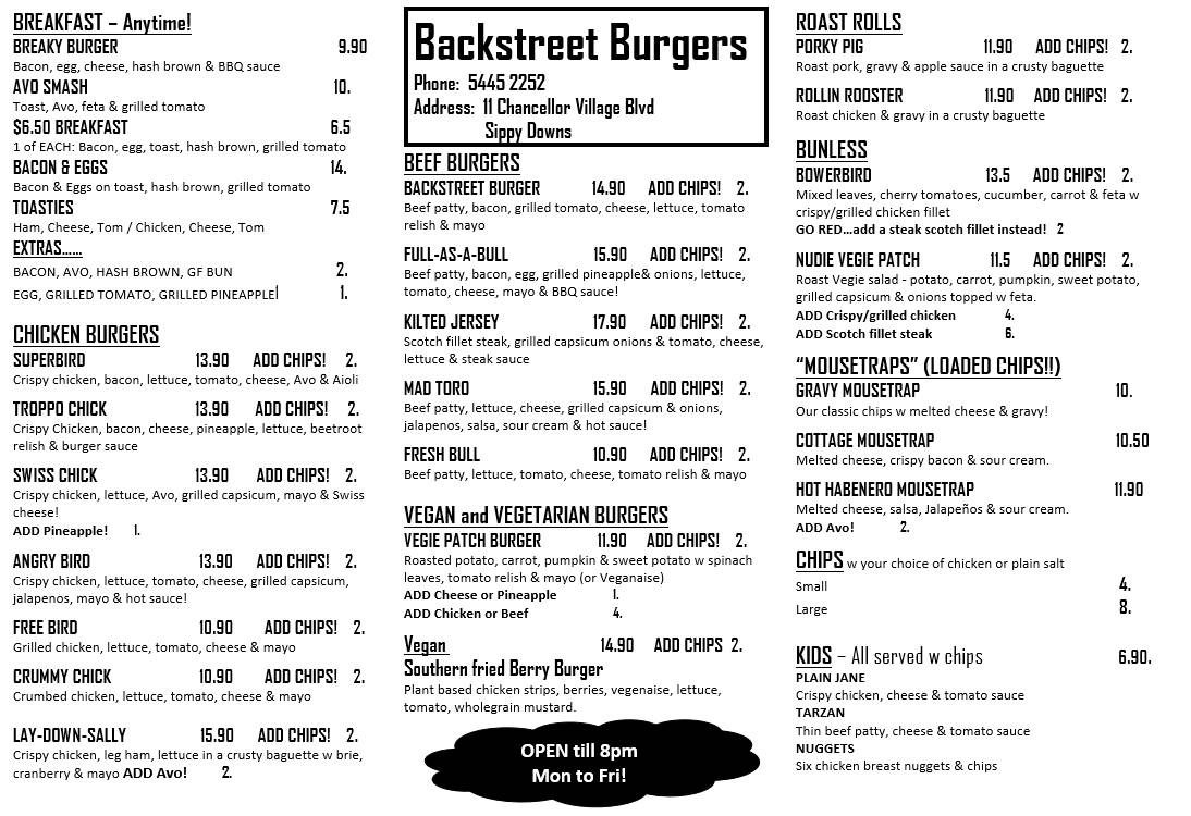 Menu at Backstreet Burgers and Esspresso Bar, Sippy Downs