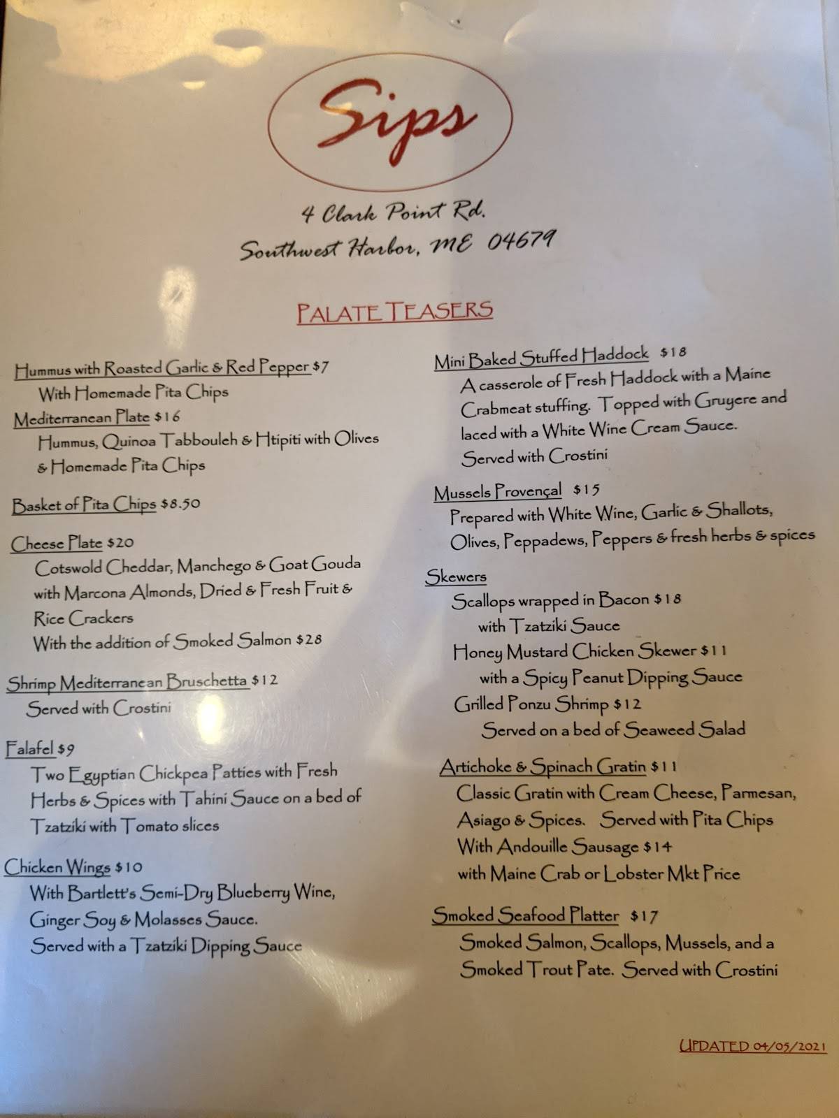 Menu at Sips Cafe, Southwest Harbor