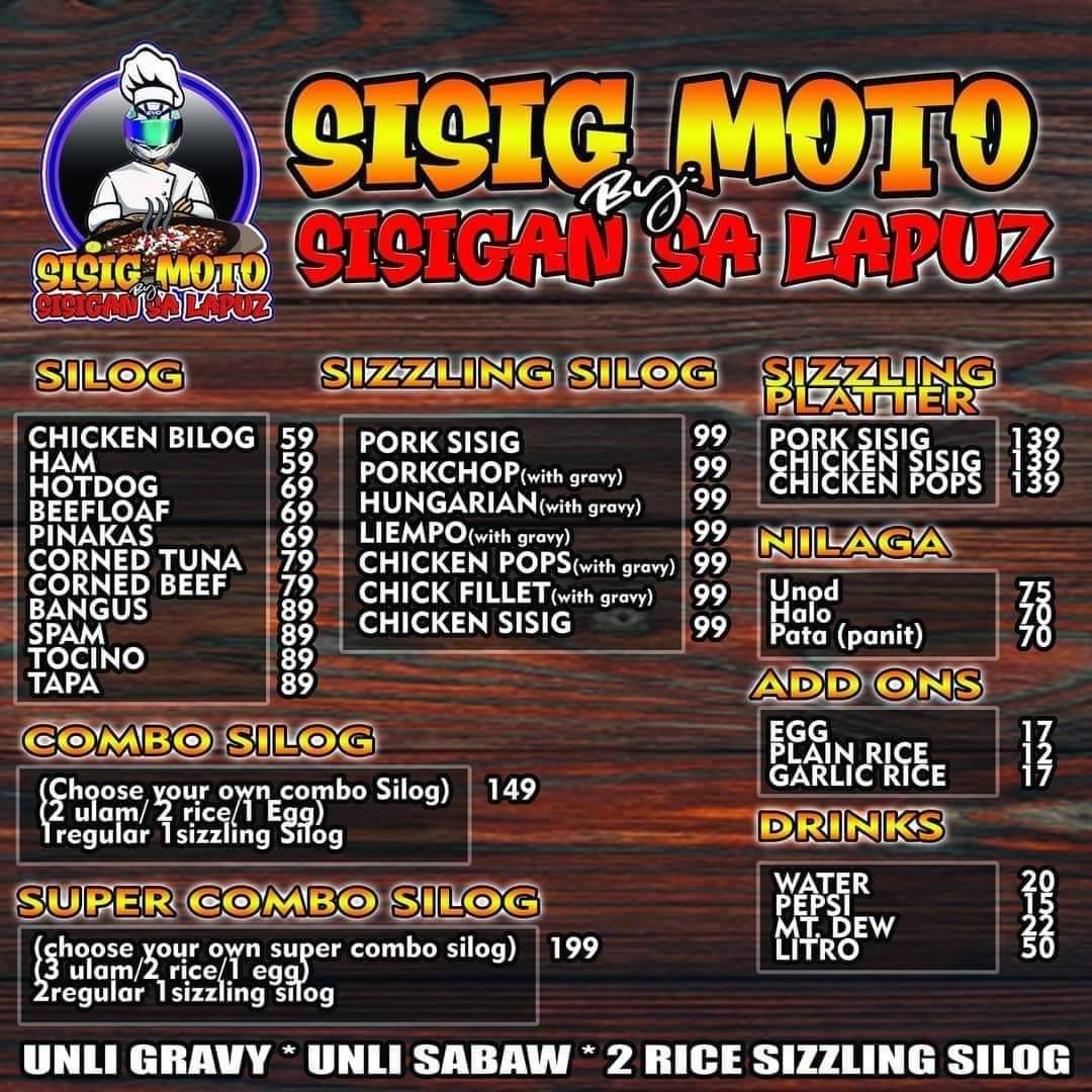 Menu at Sisig MoTo restaurant, Iloilo City