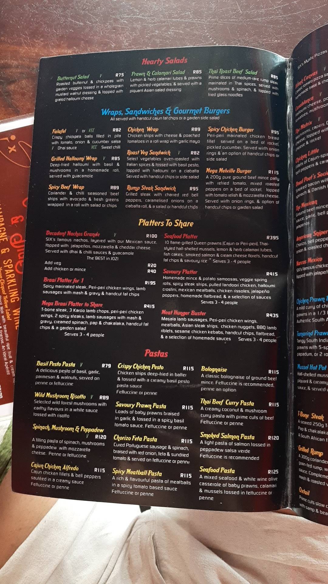 Menu at Six Cocktail Bar, Johannesburg