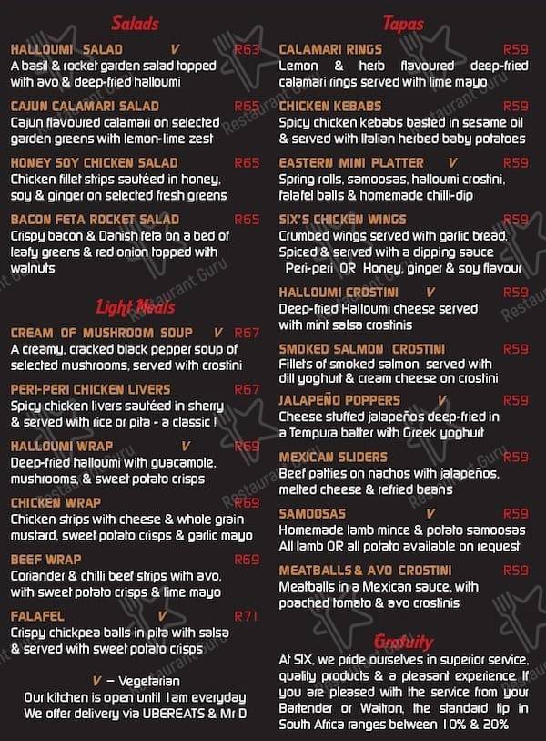 Menu at Six Cocktail Bar, Johannesburg