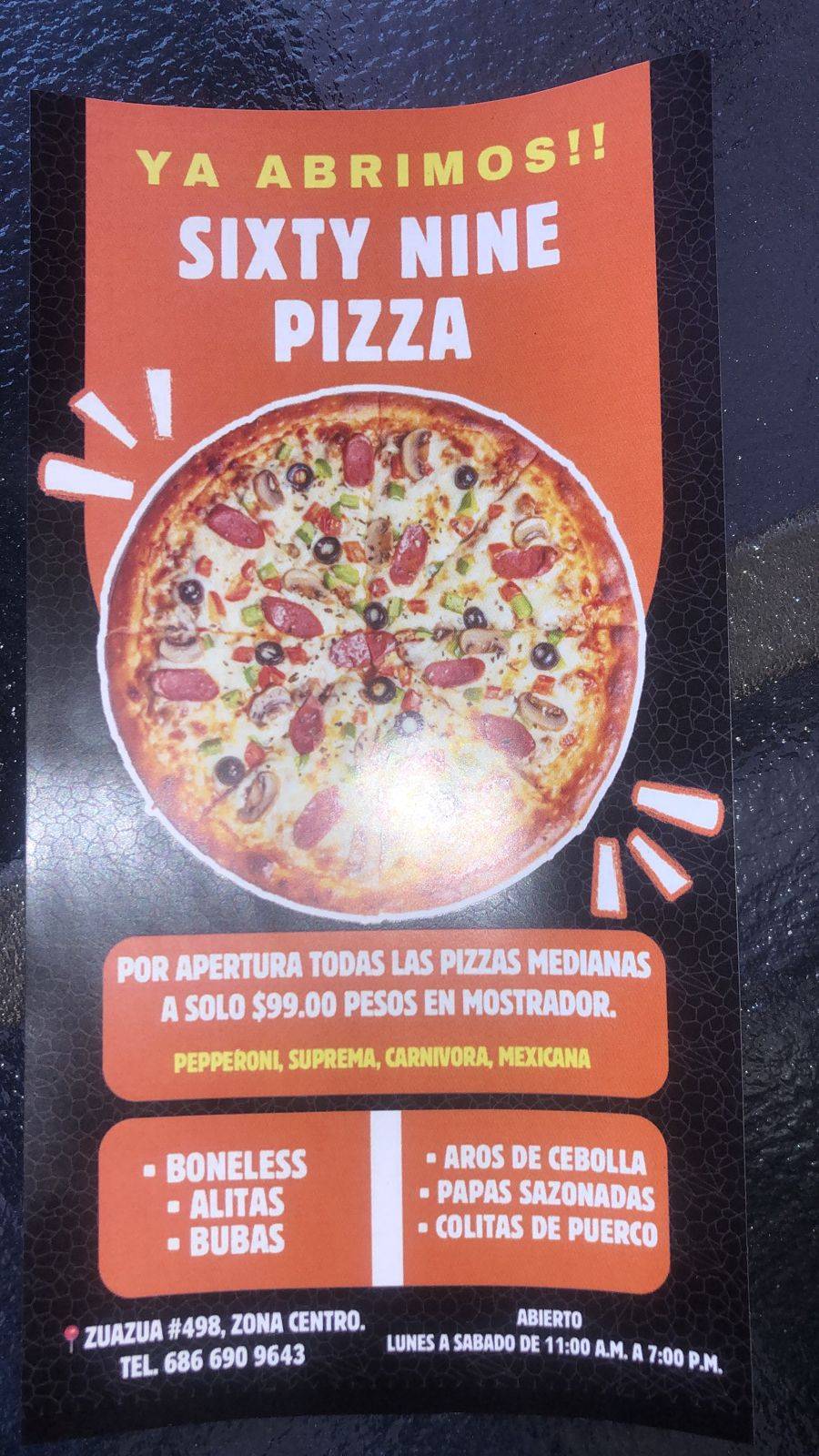 Menu at Sixty Nine Pizza restaurant, Mexicali