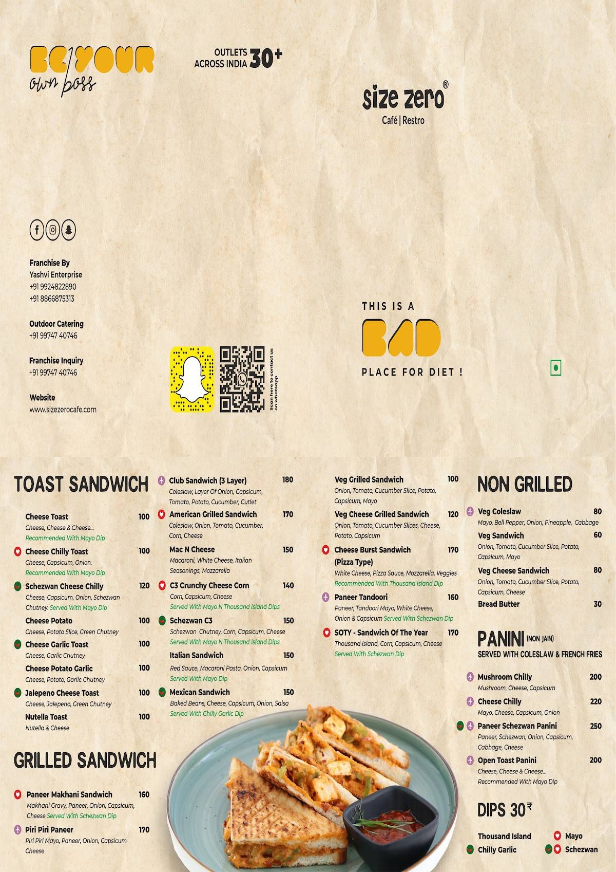 Menu at Size Zero Cafe, Morbi