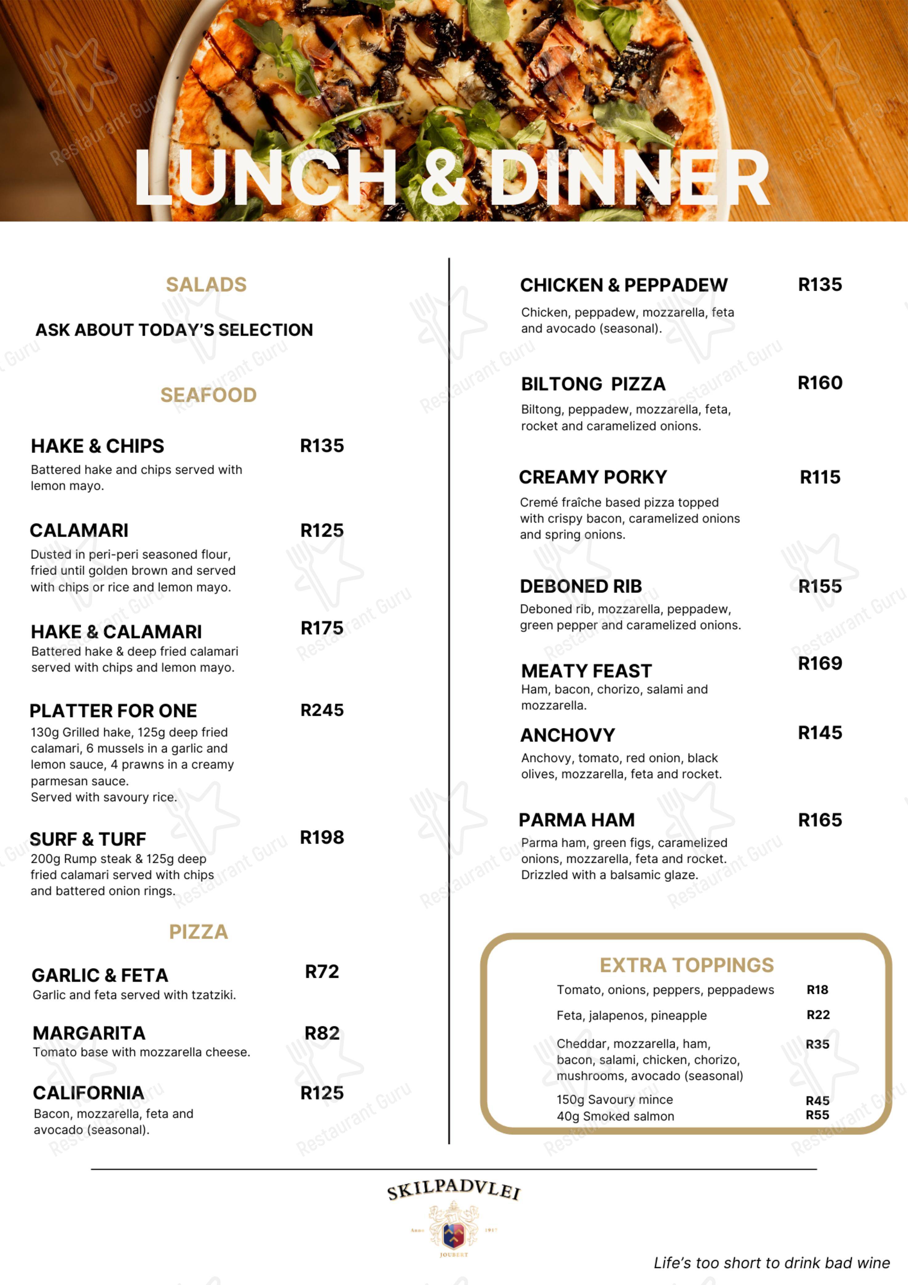Menu at Skilpadvlei Wine Estate restaurant, Stellenbosch