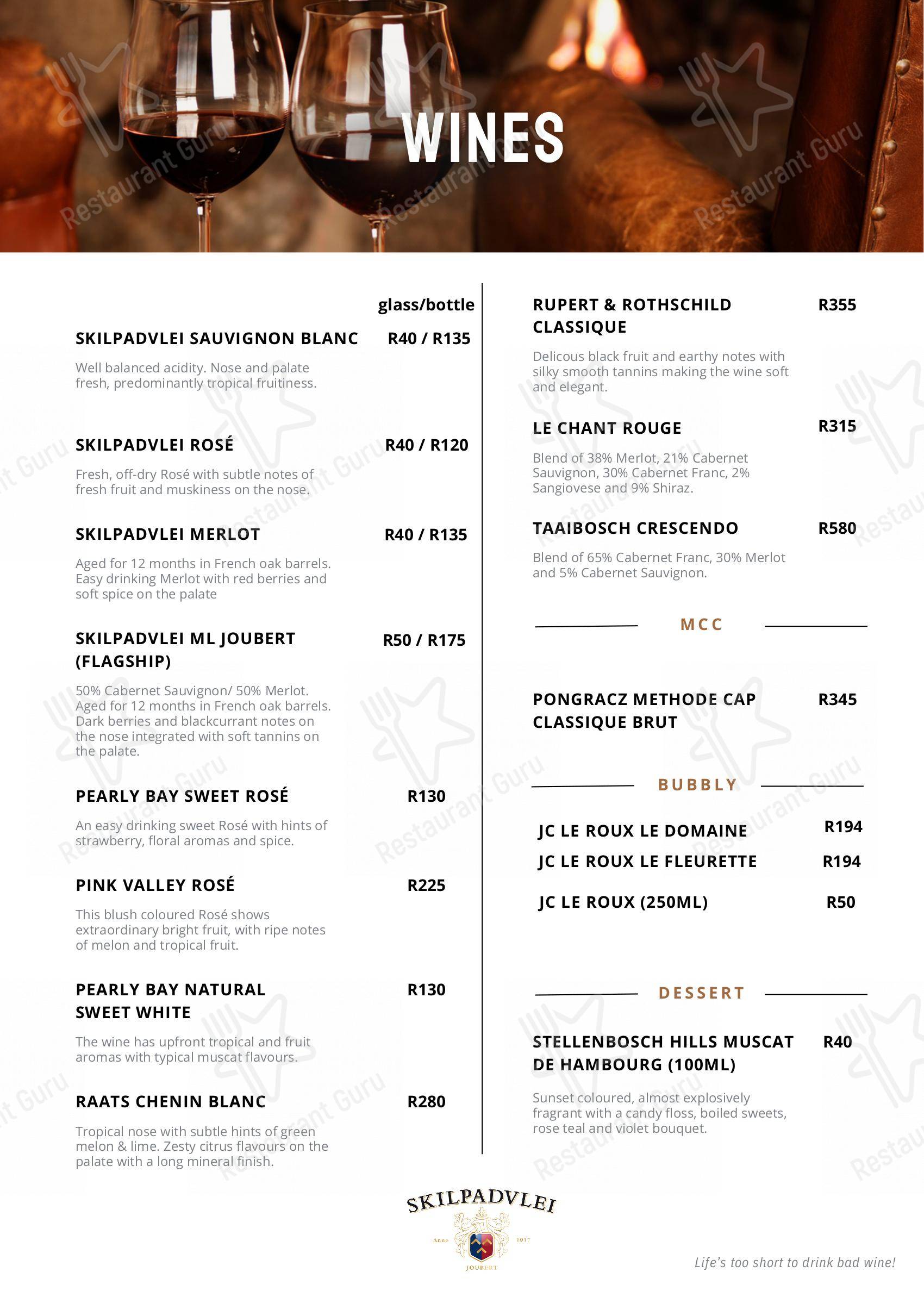 Menu at Skilpadvlei Wine Estate restaurant, Stellenbosch