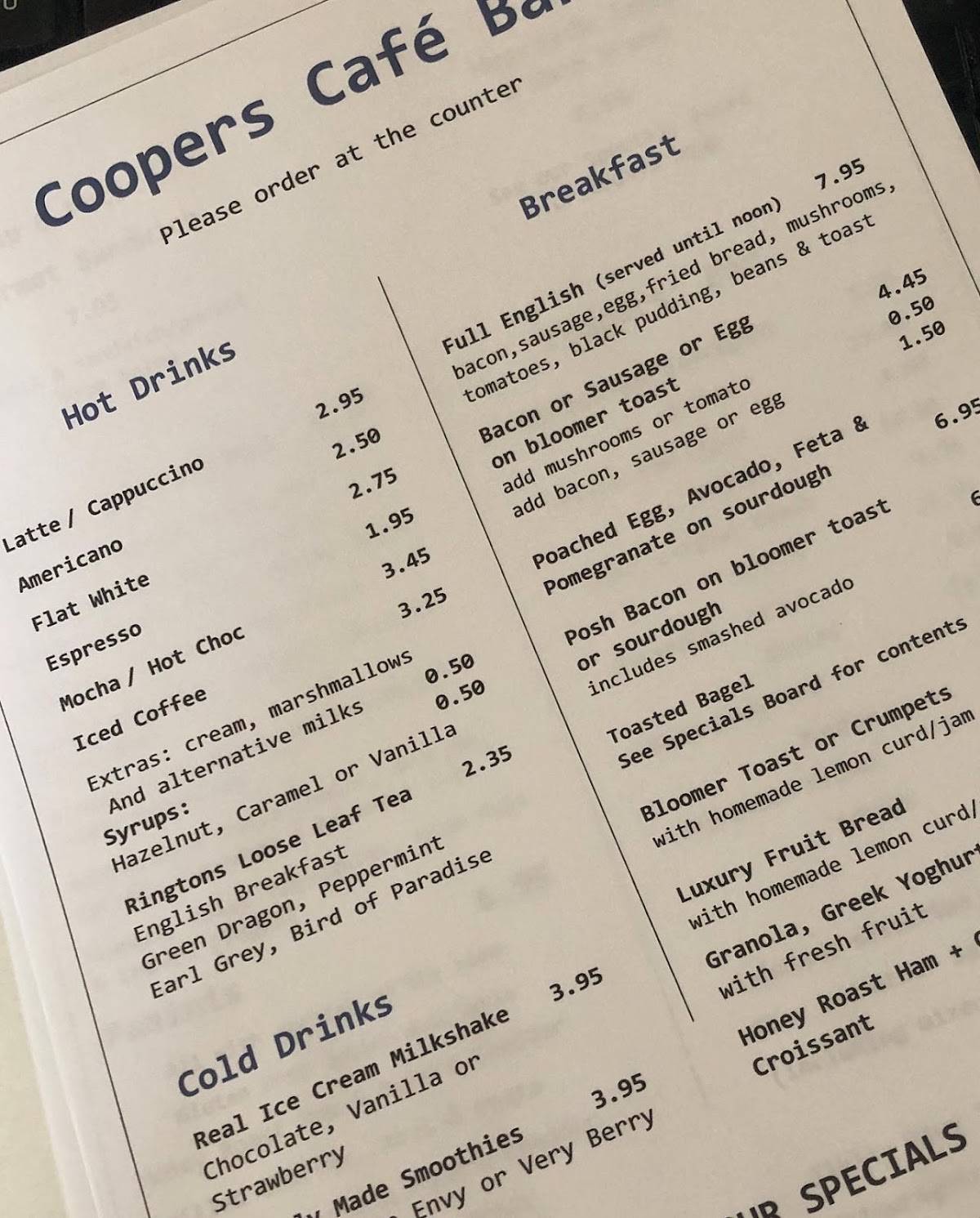 Menu at Coopers Café Bar, Skipton