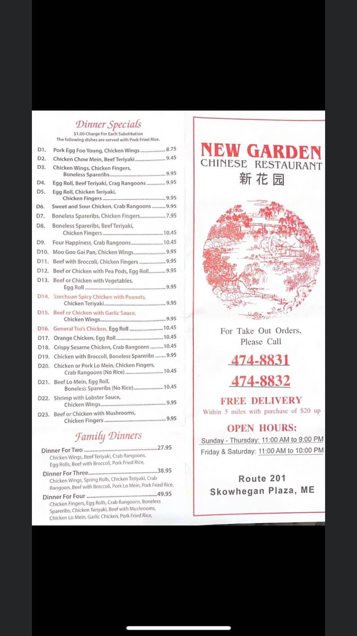 Menu at New Garden restaurant, Skowhegan, 6 Main St