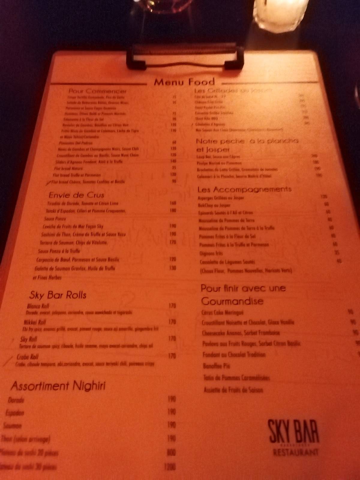 Menu au Skybar, Casablanca, Boulevard de la Corniche
