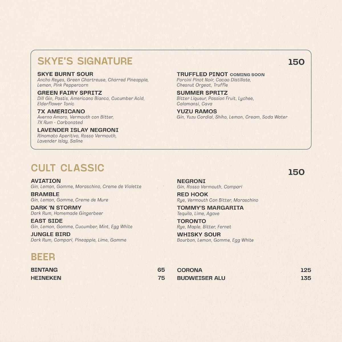 Menu at Skye restaurant, Jakarta